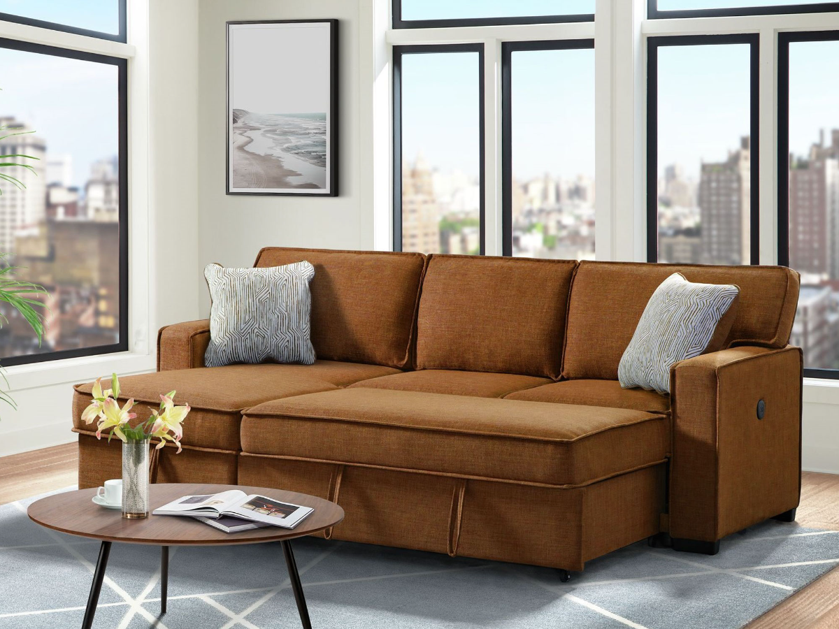 Brown sectional with pull out bed store